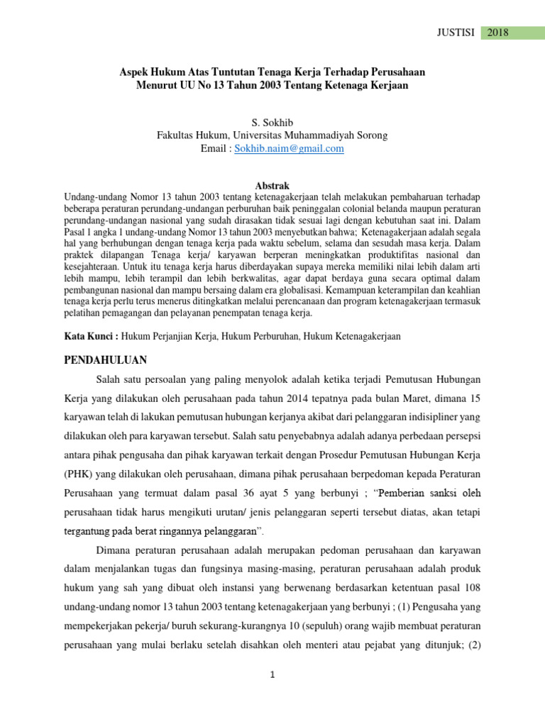 Aspek Hukum Atas Tuntutan Tenaga Kerja Terhadap Perusahaan Menurut UU No.13 Tahun 2003 Tentang ...