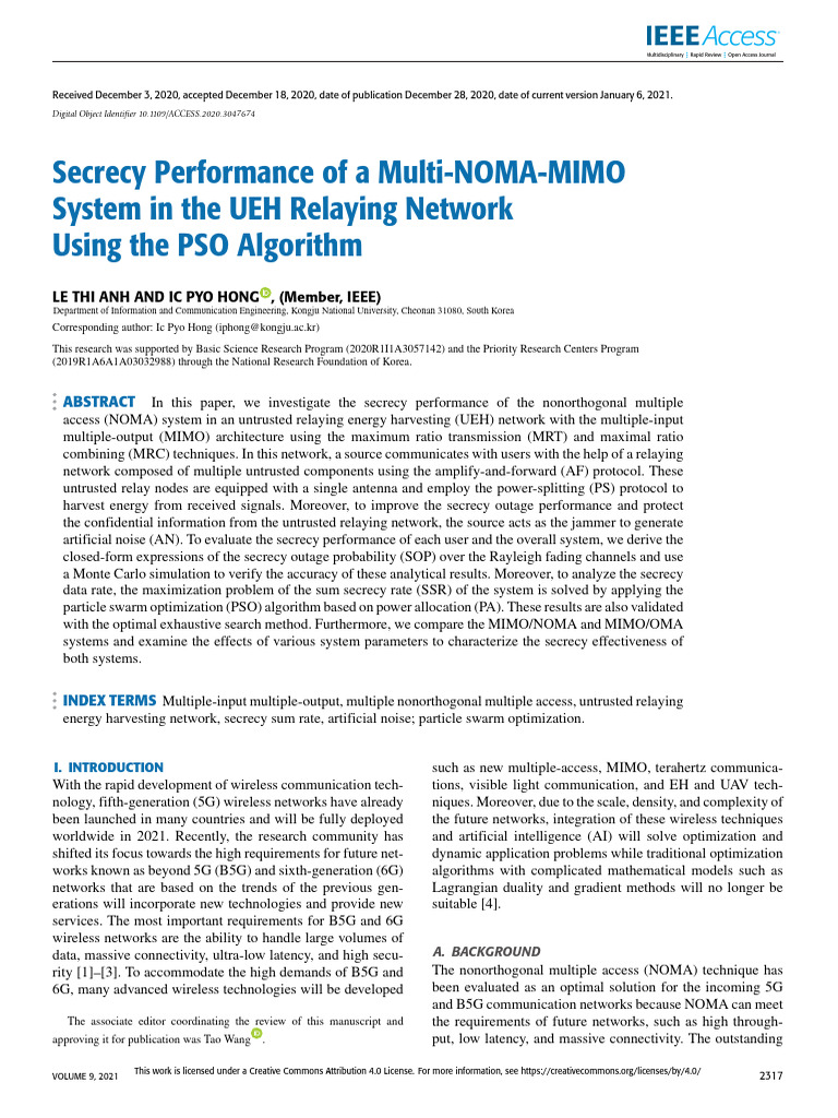 Secrecy Performance of A Multi-NOMA-MIMO System in The UEH Relaying Network Using The PSO ...