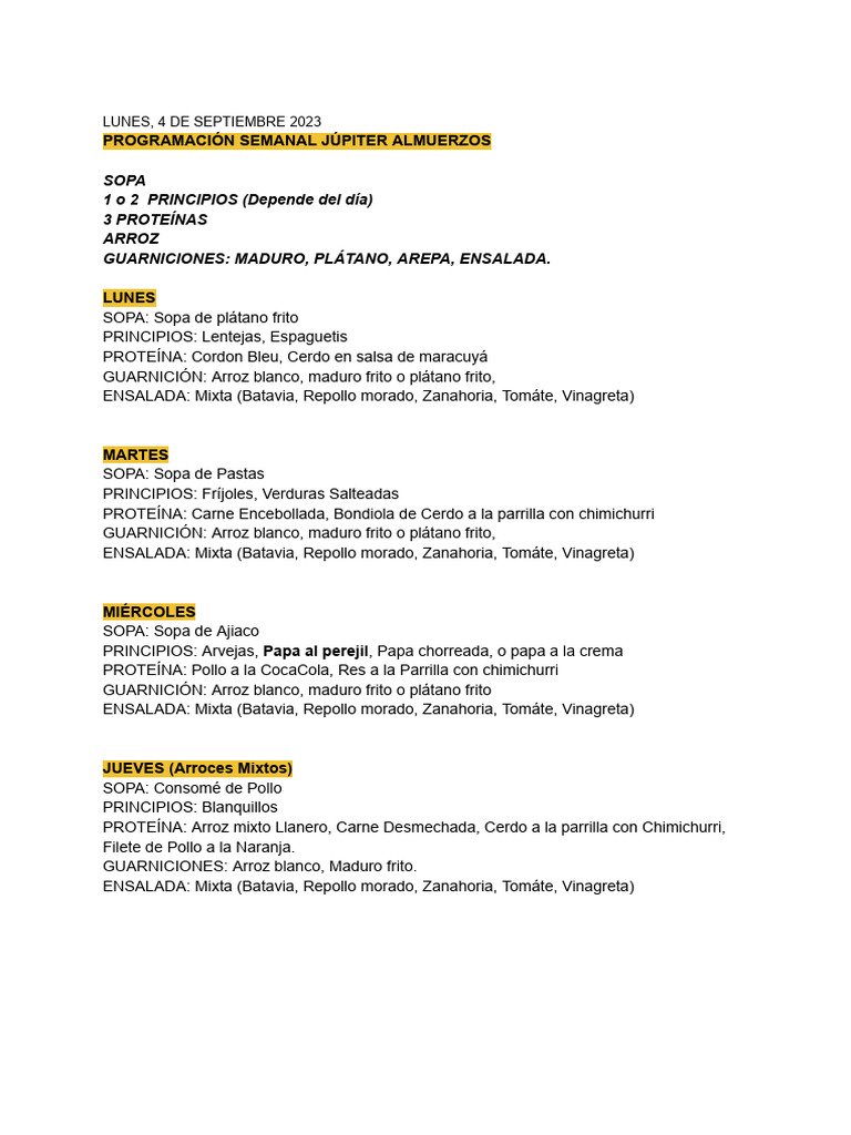 Programación Semanal Júpiter Almuerzos | PDF | Sopa | ensalada