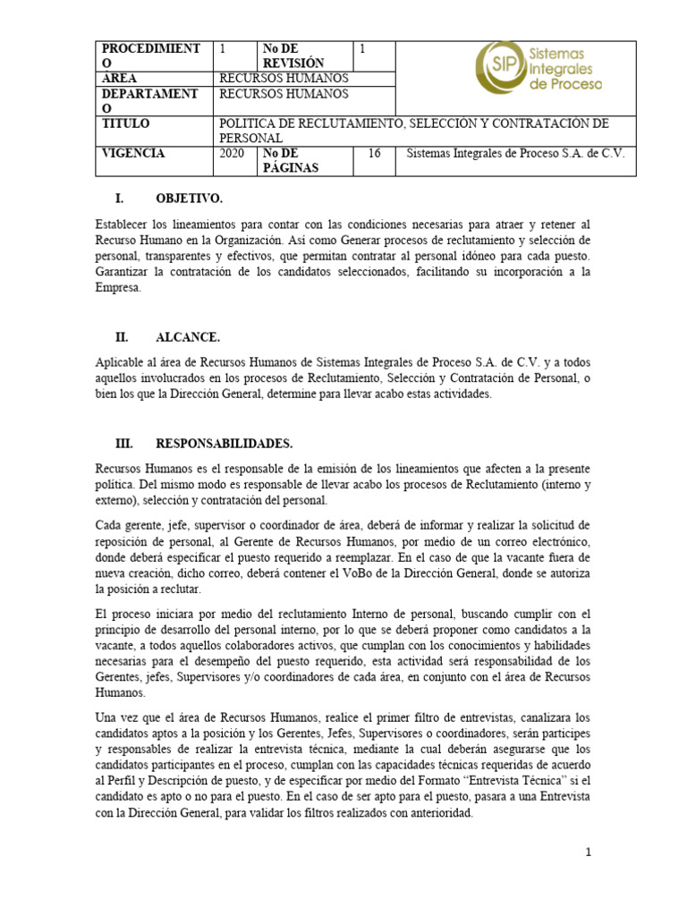 Politica de Reclutamiento, Selección y Contratacion de Personal | PDF | Gestión de recursos ...