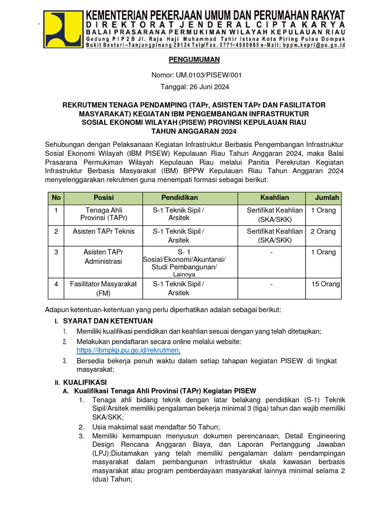Pengumuman Rekrutmen Tenaga Pendamping Kegiatan IBM PISEW Provinsi ... Pengumuman Rekrutmen Tenaga Pendamping Kegiatan IBM PISEW Provinsi ...