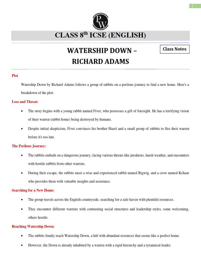 Watership Down - Richard Adams - Short Notes | PDF