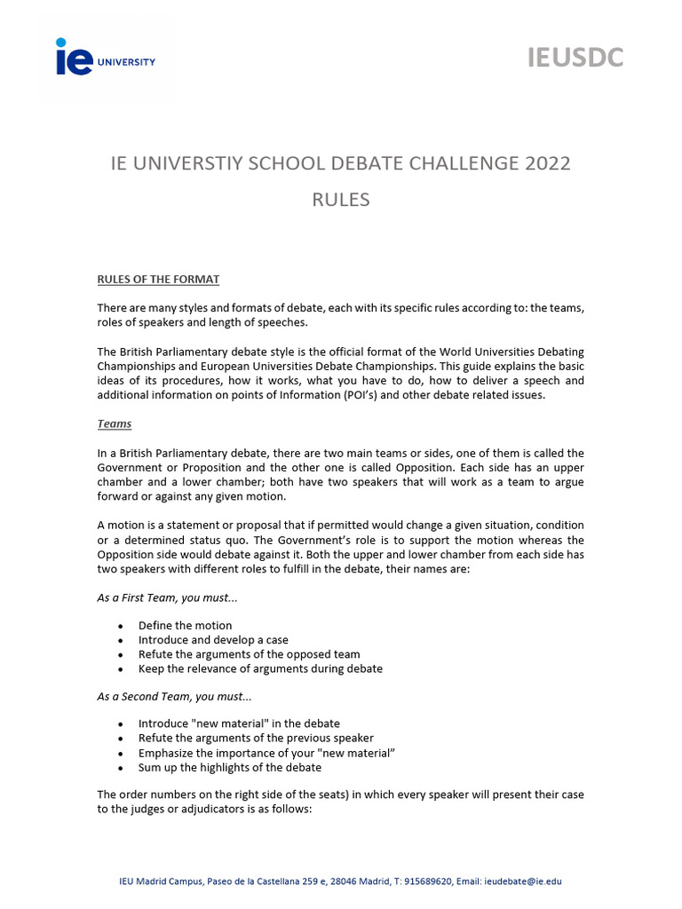 IEU School Debate Challenge 2022 Rules | PDF