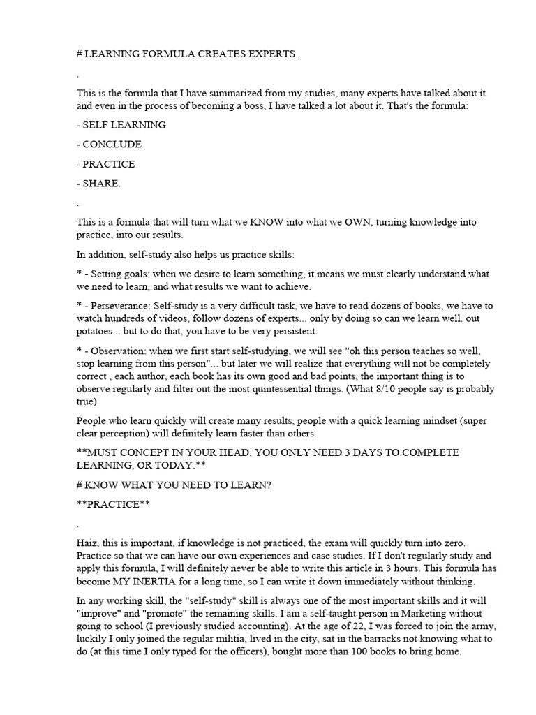 LEARNING FORMULA CREATES EXPERTS | Download Free PDF | Learning | Knowledge
