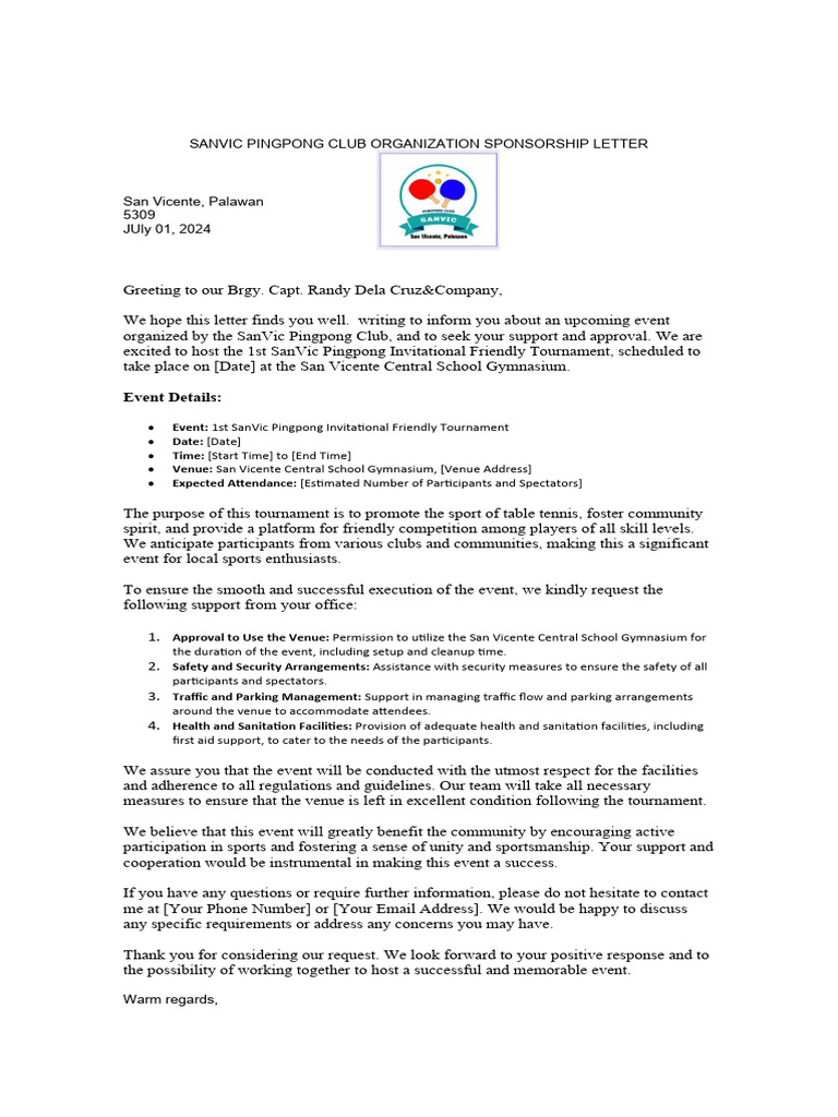 table tennis request letter for the venue | PDF