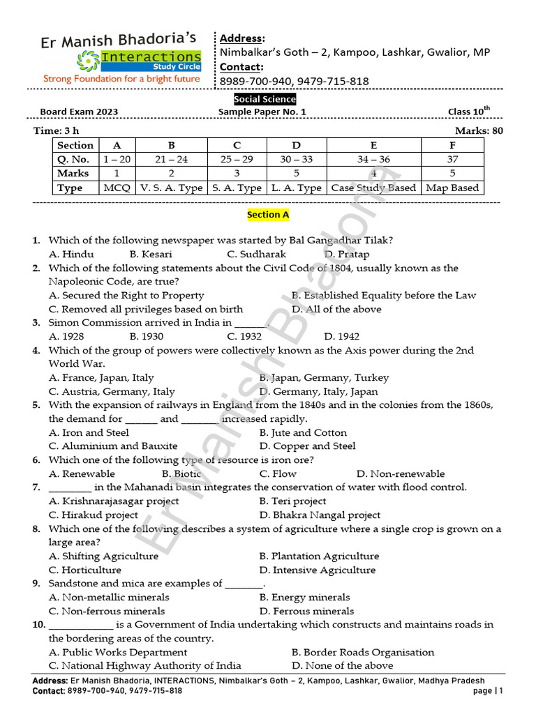 5213social Science Sample Paper 1 Class 10th | PDF | Democracy ...