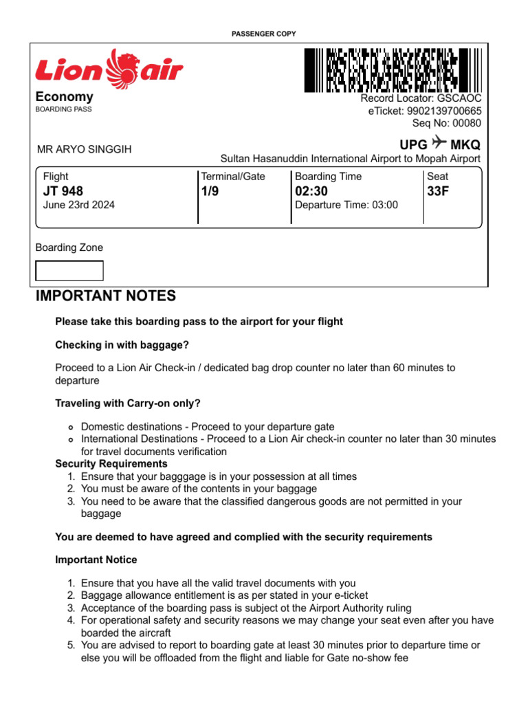Lion Air Boarding MR ARYO | PDF | Airport | Baggage