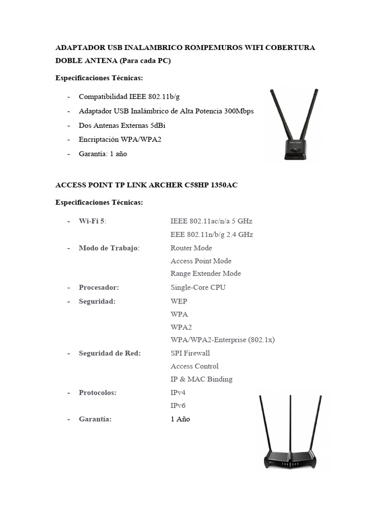Especificaciones Técnicas Switch Adm.,Adaptador Wifi USB, AP Archer | PDF