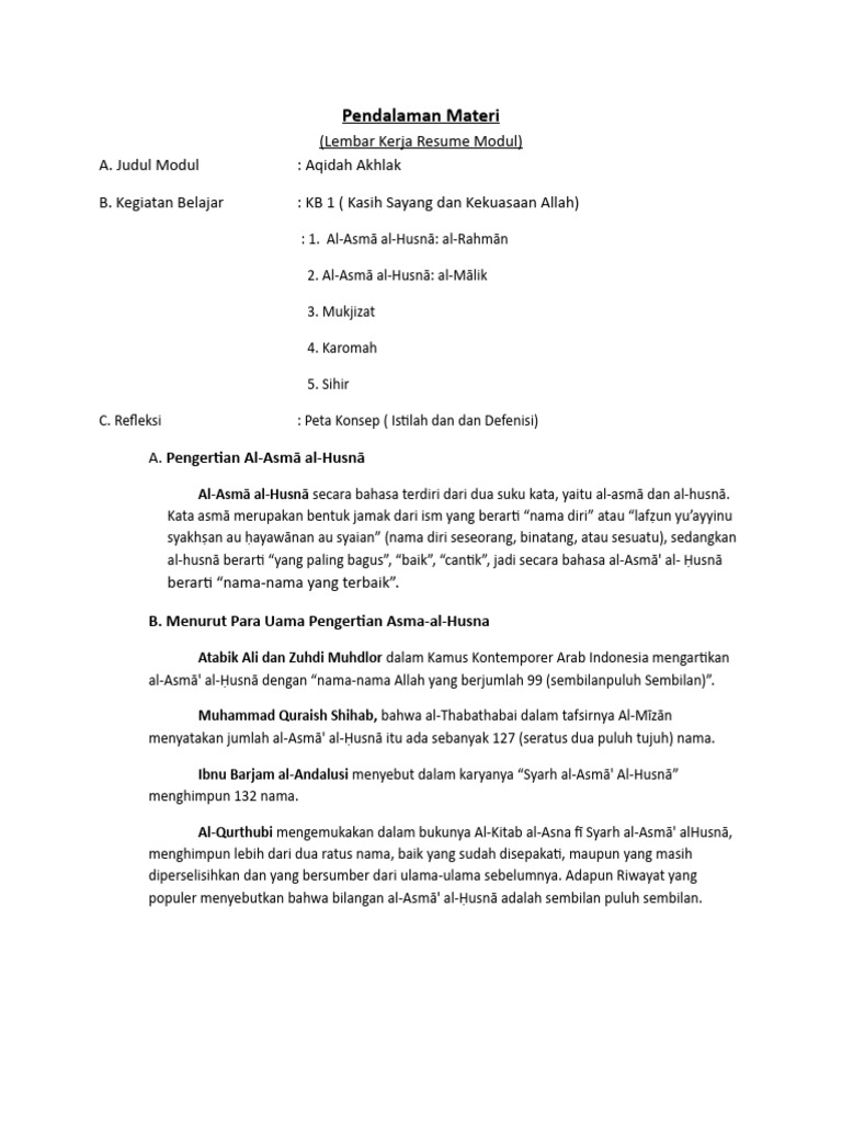 Lembar Kerja Resume Modul Aqidah Akhlak KB 1 | PDF