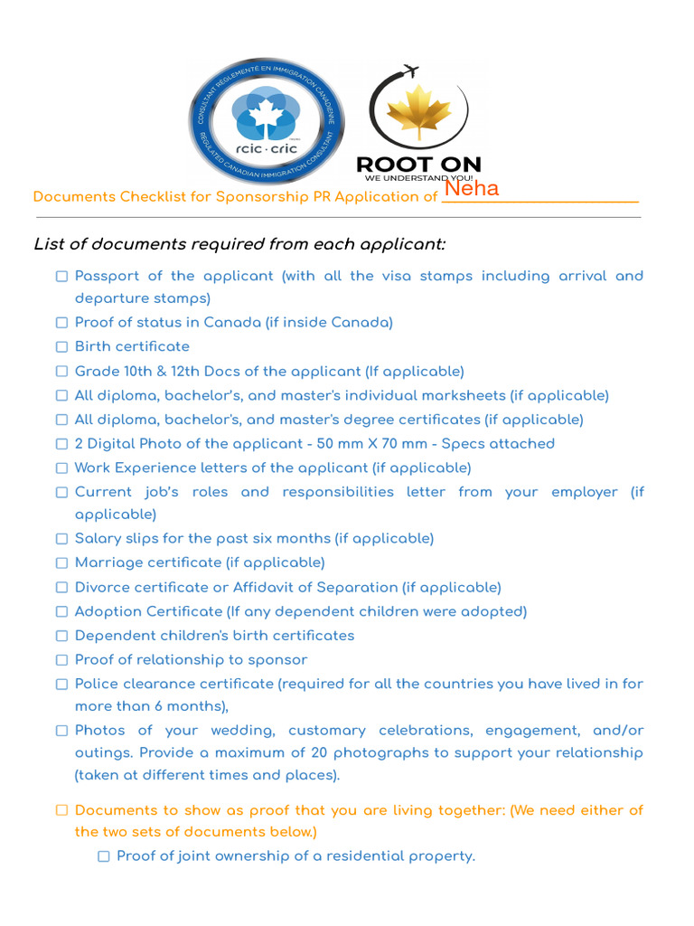 Sponsorship PR Application Documents Checklist | PDF | Document | Birth Certificate