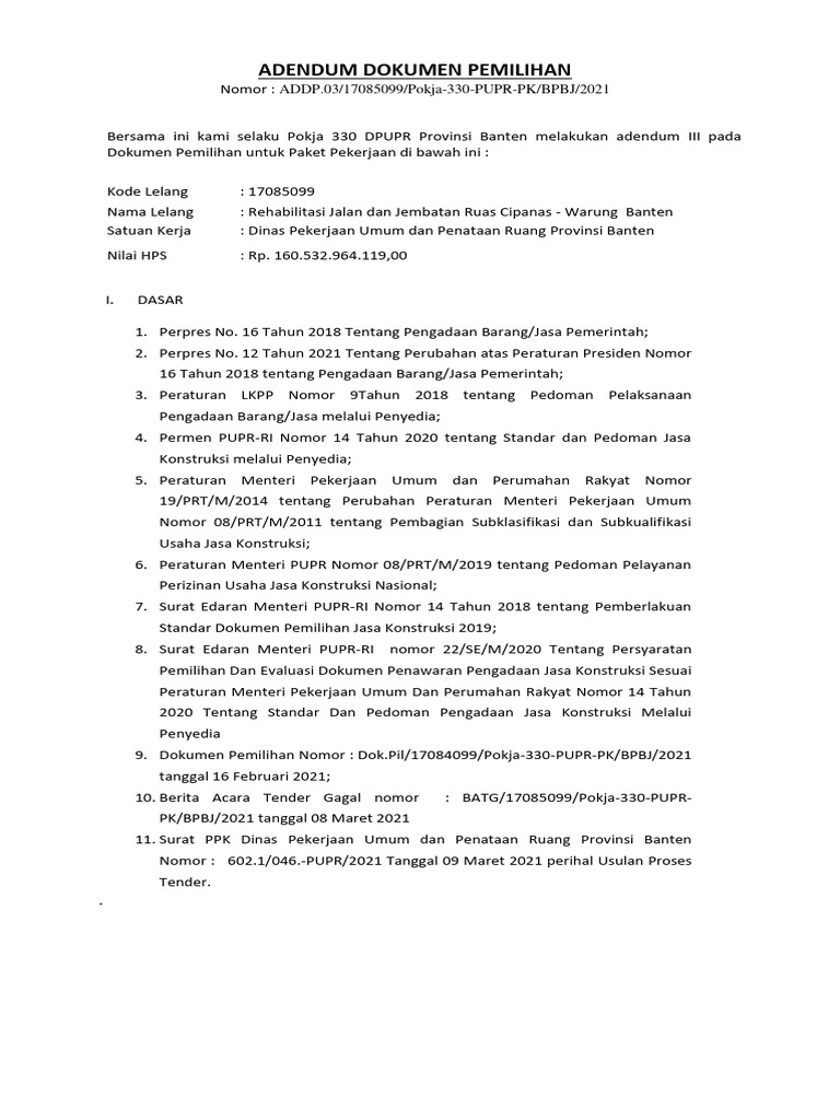 Adendum III Dokpil Jalan Cipanas | PDF | Pengelolaan Keuangan & Uang