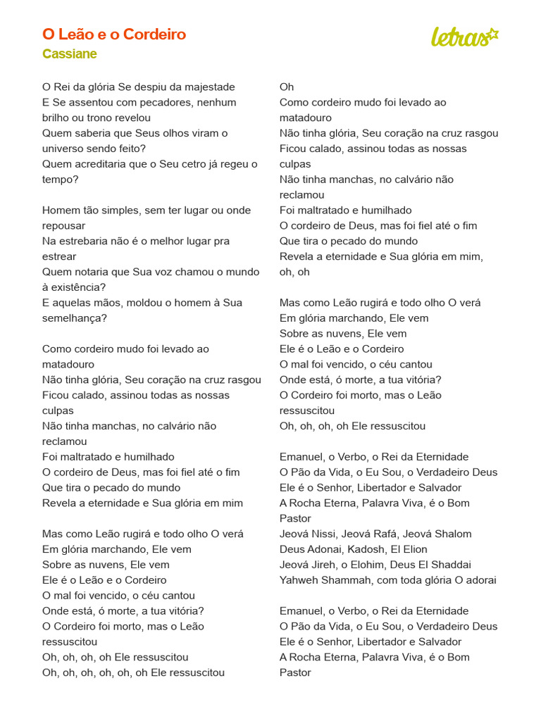 O LEÃO E O CORDEIRO - Cassiane (Impressão) | PDF | Pecado | YHWH