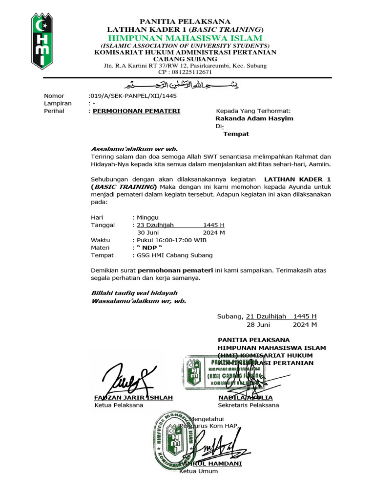 Surat Permohonan Pemateri Rakanda Adam Hasyim | PDF