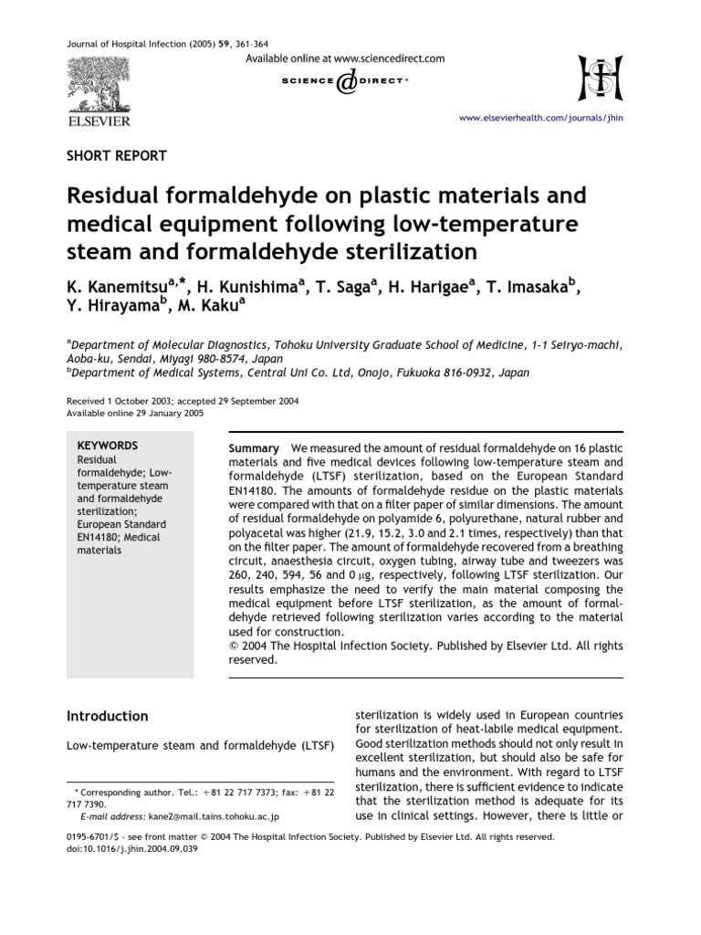 Residual Formaldehyde On Plastic Materials And Pdf Sterilization Microbiology Plastic
