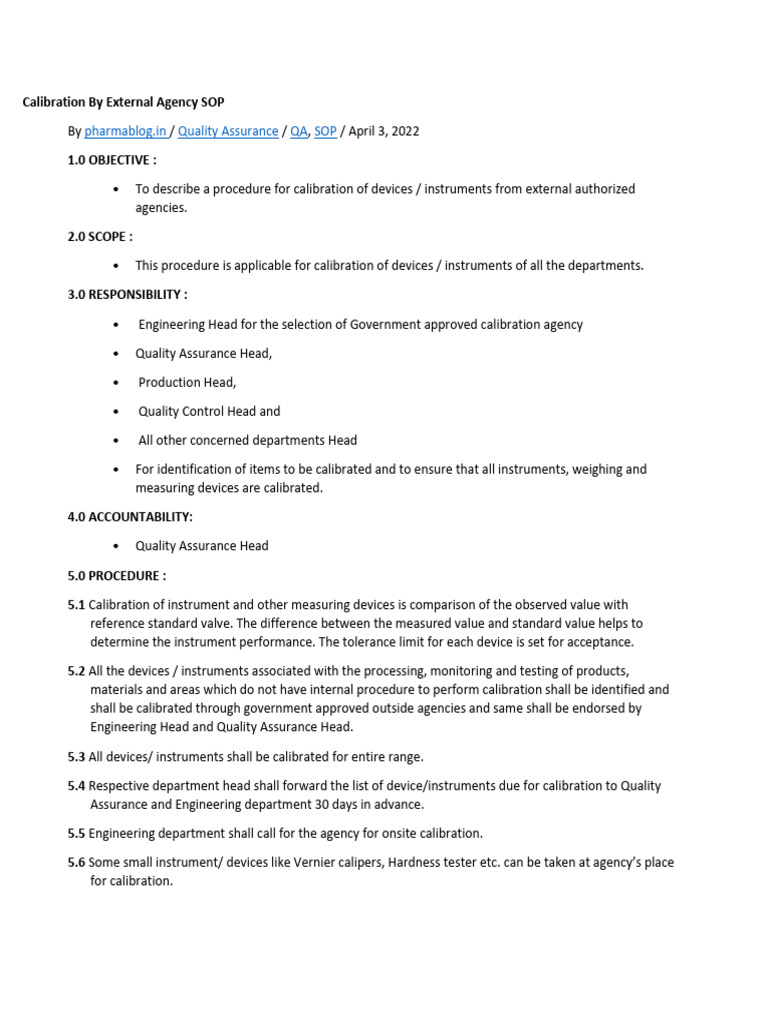 Calibration by External Agency SOP | PDF | Calibration | Quality Assurance