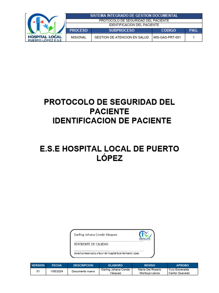 Protocolo Identificaciòn Pacientes HLPL Ok | PDF | Seguridad del ...