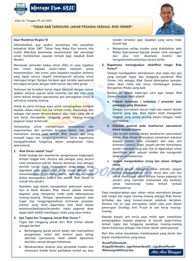 Cermat Edisi 24 TGL 09 Juli 2024 - Tugas & Tanggung Jawab Pegawai Sebagai Risk Owner | PDF