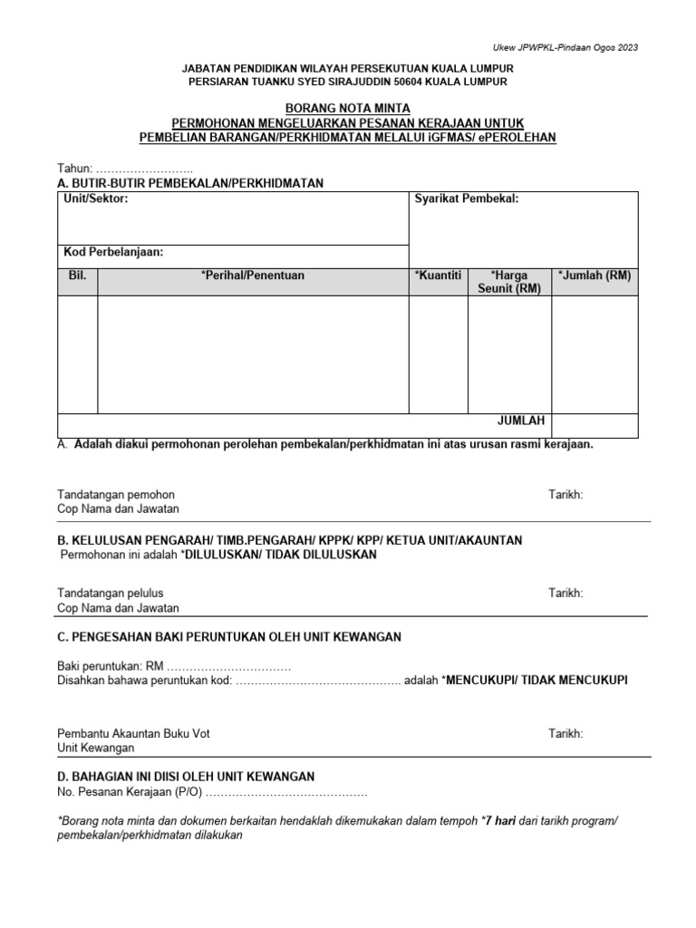 BORANG NOTA MINTA PESANAN KERAJAAN-OGOS 2023-JPWPKL | PDF