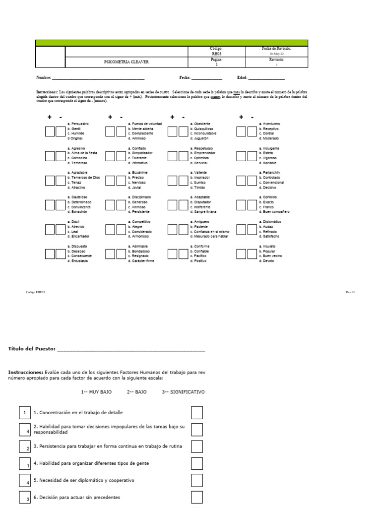 Test de Cleaver Rev.01 | PDF | Conceptos psicologicos | Cognición