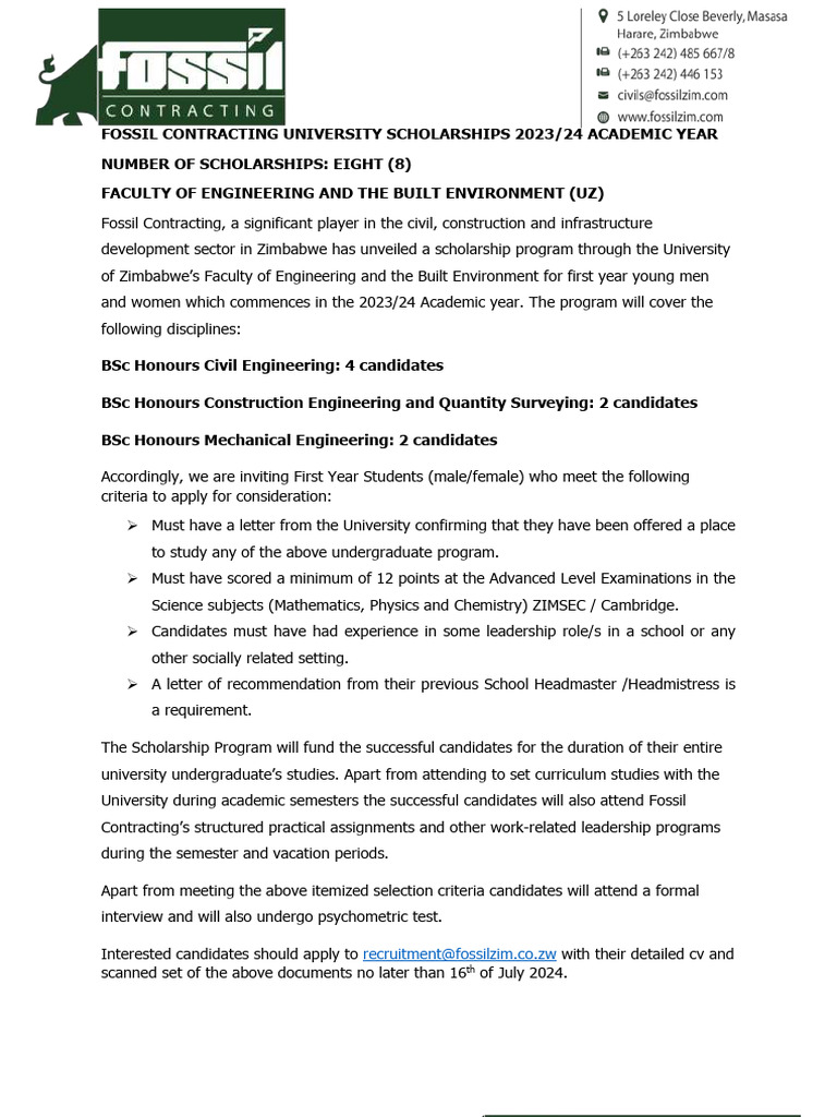 Advert For University of Zimbabwe Scholarship Students Final Copy | PDF ...