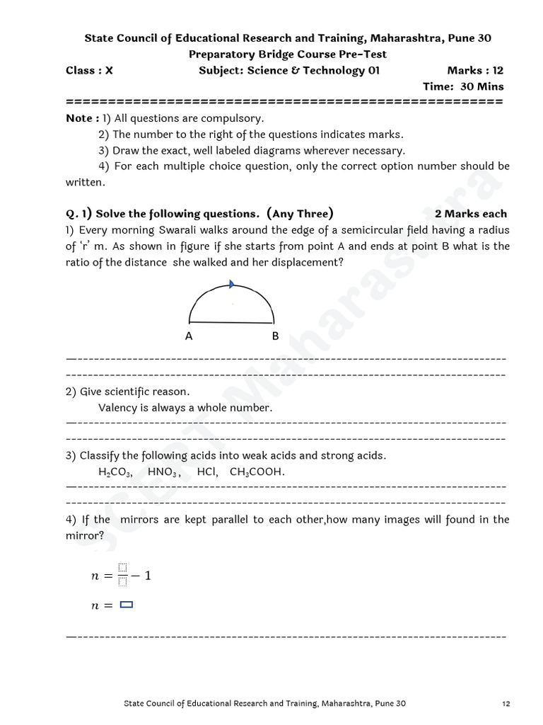 Pre Test STD 10 TH Science Eng Bridge Course | PDF | Tissue (Biology)
