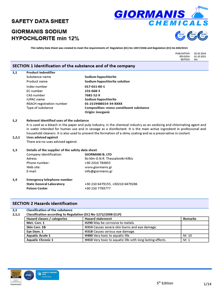 Sds Sodium Hypochlorite Min 12% | PDF | Chlorine | Chemistry