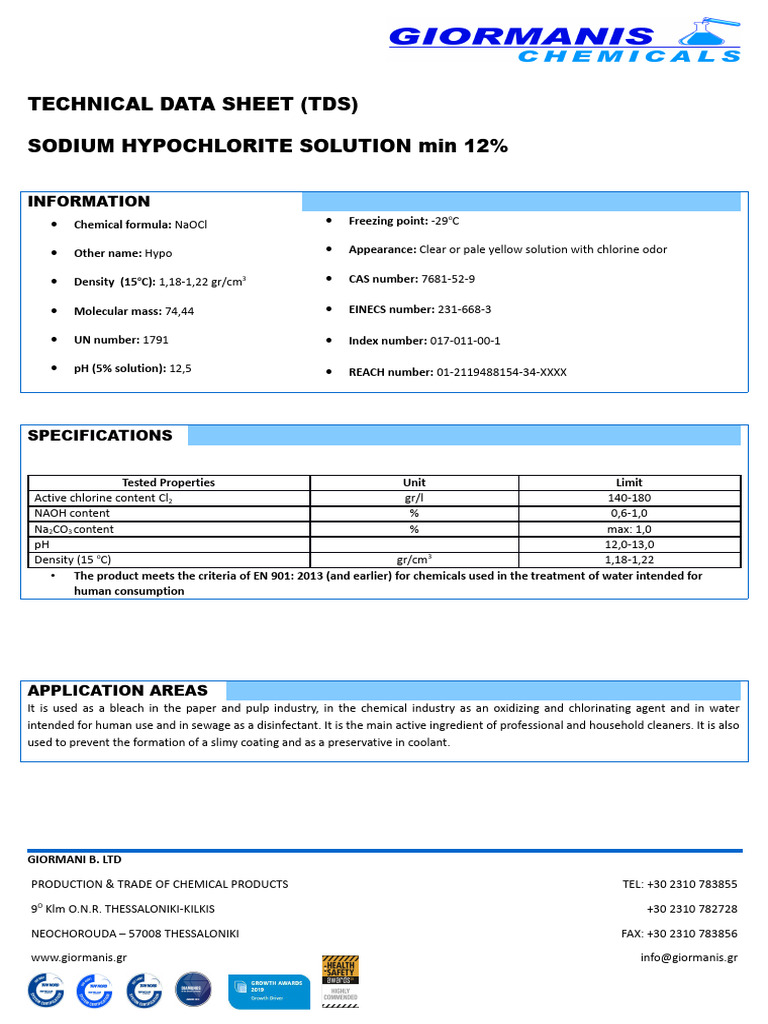 Tds Sodium Hypochlorite Min 12% | PDF | Materials | Chemical Substances