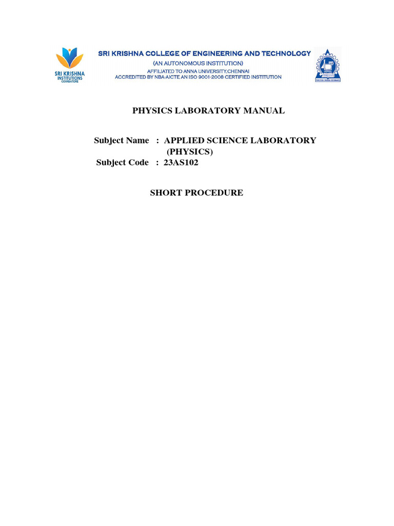 Physics Laboratory Manual Applied Science Short Procedure (Physics ...