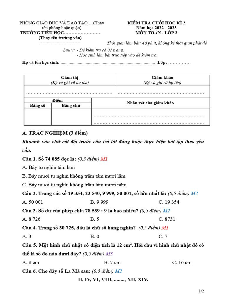 TOÁN 3 - HK2 - ĐỀ SỐ 1 - PHAN LINH-3 | PDF