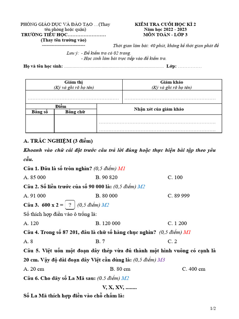 TOÁN 3_HK2_ĐỀ SỐ 2_PHAN LINH | PDF
