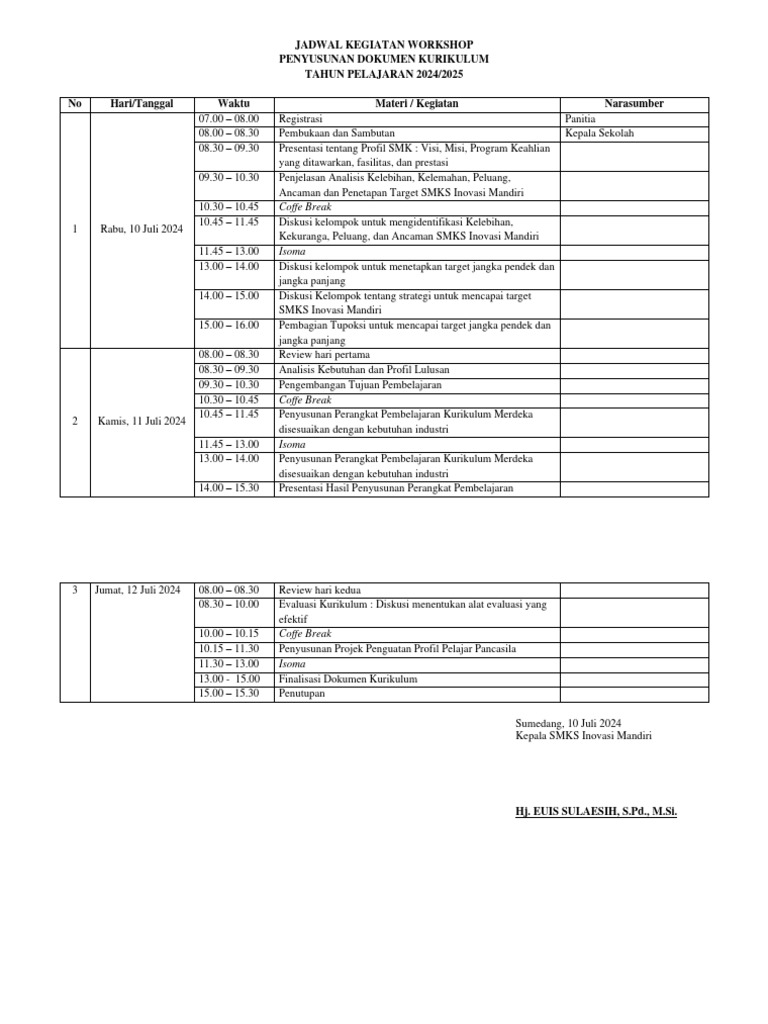 Jadwal Workshop Penyusunan Dok. Kurikulum | PDF