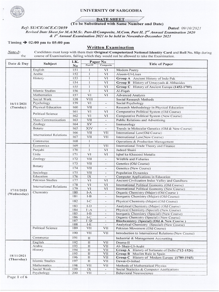 Revised MA MSC Part Two Date Sheet 2021 - 1635770606 | PDF