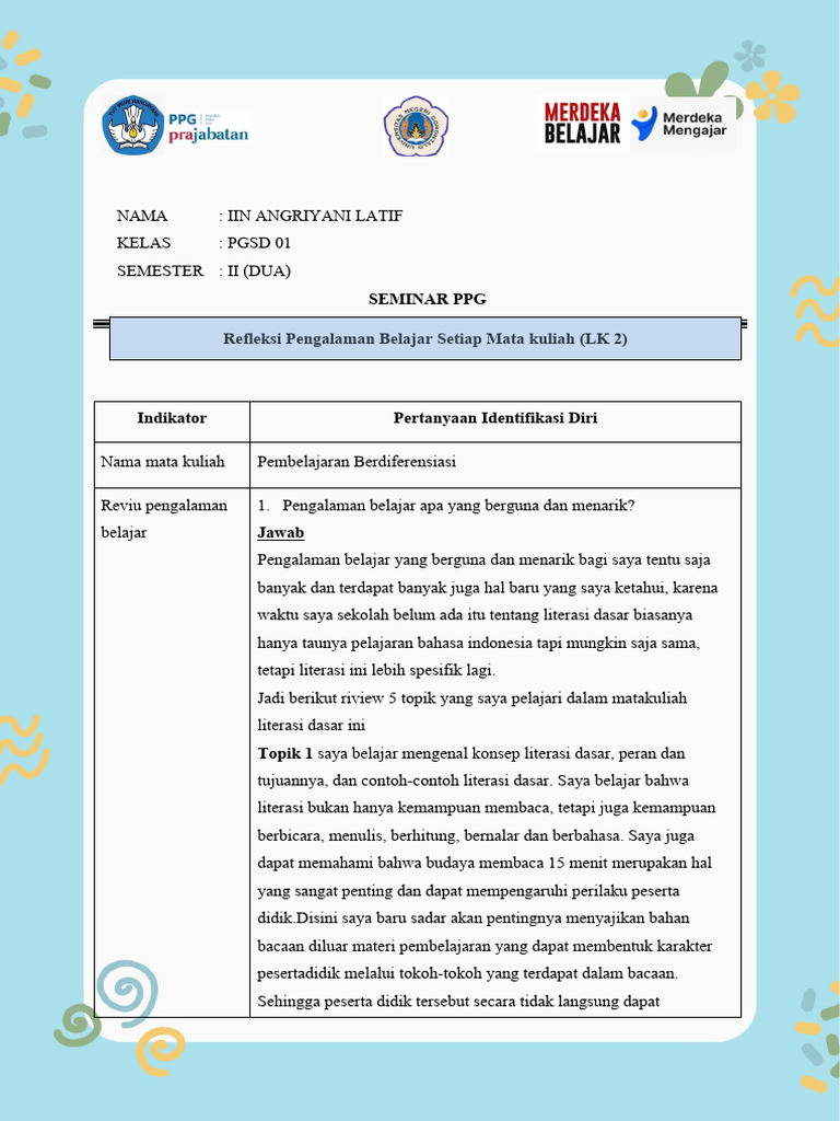 Format Refleksi Pembelajaran Berdiferensiasi | PDF
