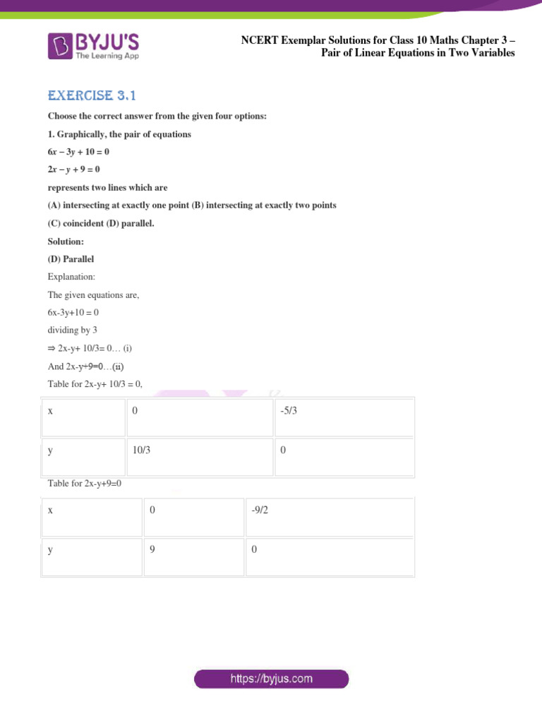 NCERT Exemplar Solutions For Class 10 Maths Chapter 3 Pair of Linear ...