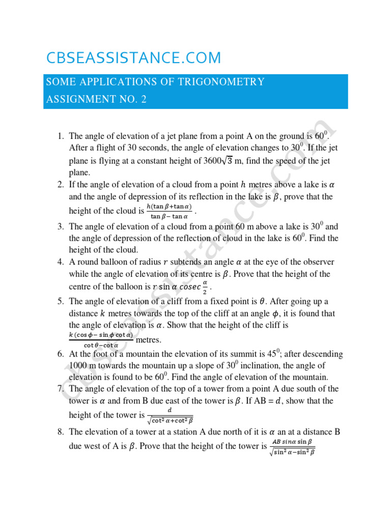 Some Applications of Trigonometry Assignment 2 | PDF