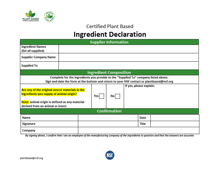 Certified Plant-Based Ingredient Form | PDF