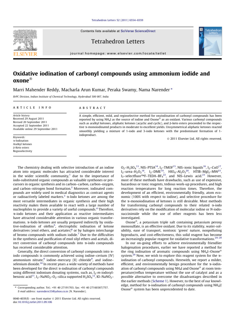 Iodination of Ketones With NH4I and Oxone | PDF | Iodine | Chemical ...