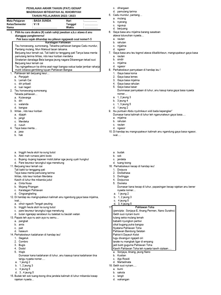 Soal Pas Basa Sunda Kelas V Semenap | PDF