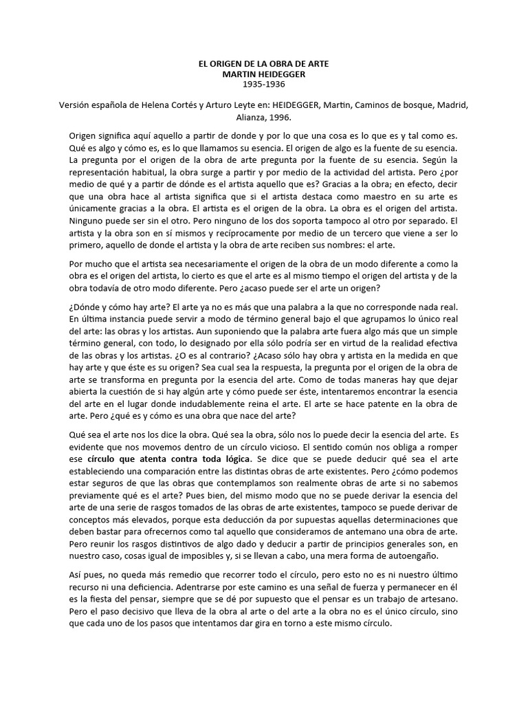 Martin Heidegger_EL ORIGEN DE LA OBRA DE ARTE | PDF | Esencia | Verdad