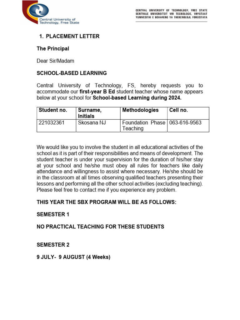 School Placement Letter for Student Teacher | PDF