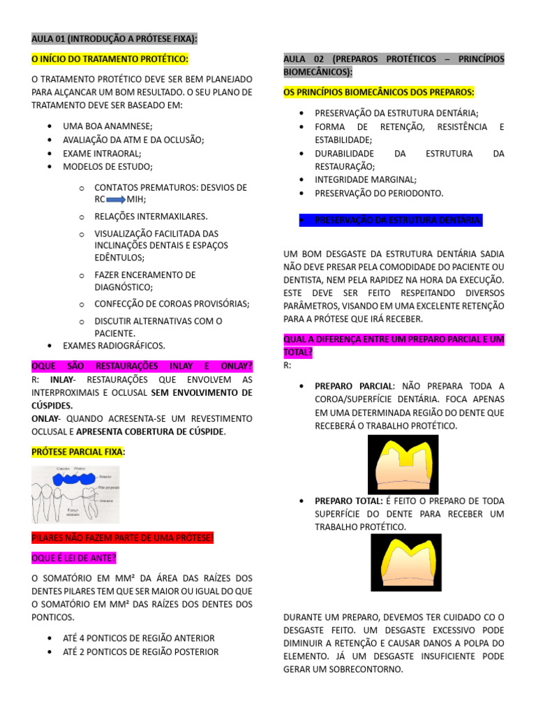Resumo Pré Prova - Prótese Fixa | PDF | Boca | Odontologia