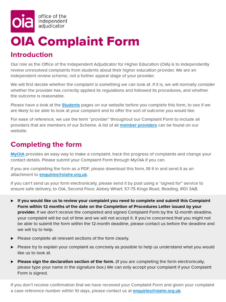 oia-pdf-complaint-form | Download Free PDF | Disability | Complaint