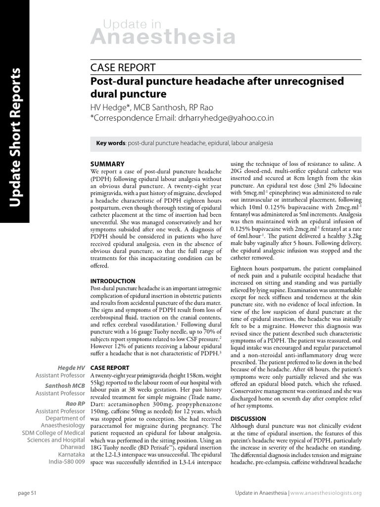Uia25 1 Post Dural Puncture Headache After Unrecognised Dural Puncture ...