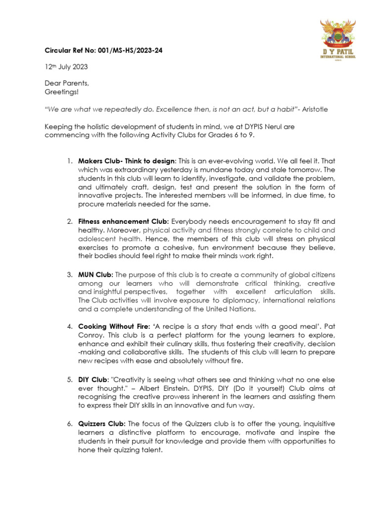 Activity Clubs 2023 - 24 Circular | PDF | Learning | Creativity