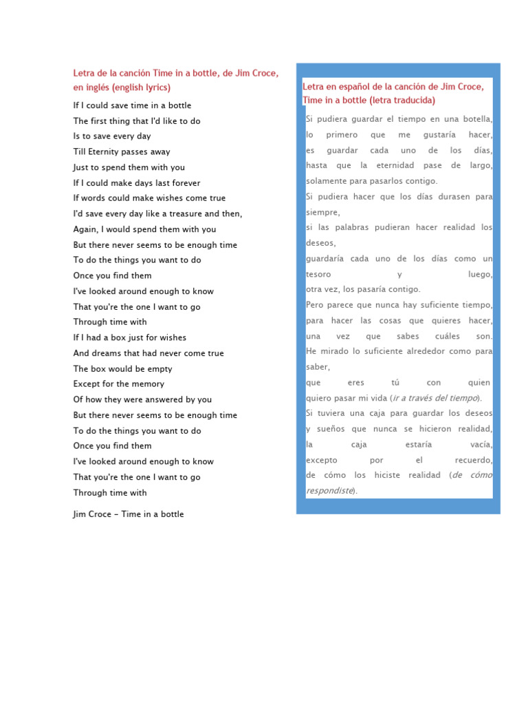 Letra de La Canción Time in A Bottle | PDF | Grabación de sonido ...