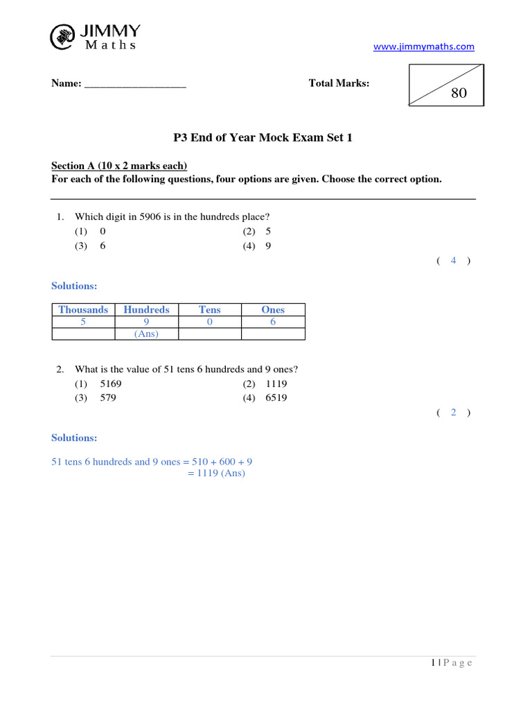 P3 Sample SA2 Mock Exam Set 1 Solutions 1 | PDF | Numbers | Arithmetic