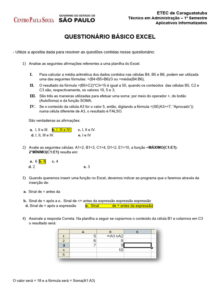 Questionário Básico de Excel | PDF