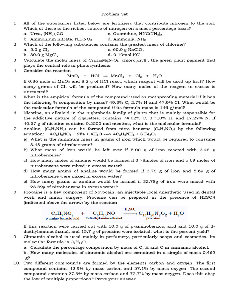 Chemistry Problem Set on Formulas and Reactions | PDF | Mole (Unit) | Urea
