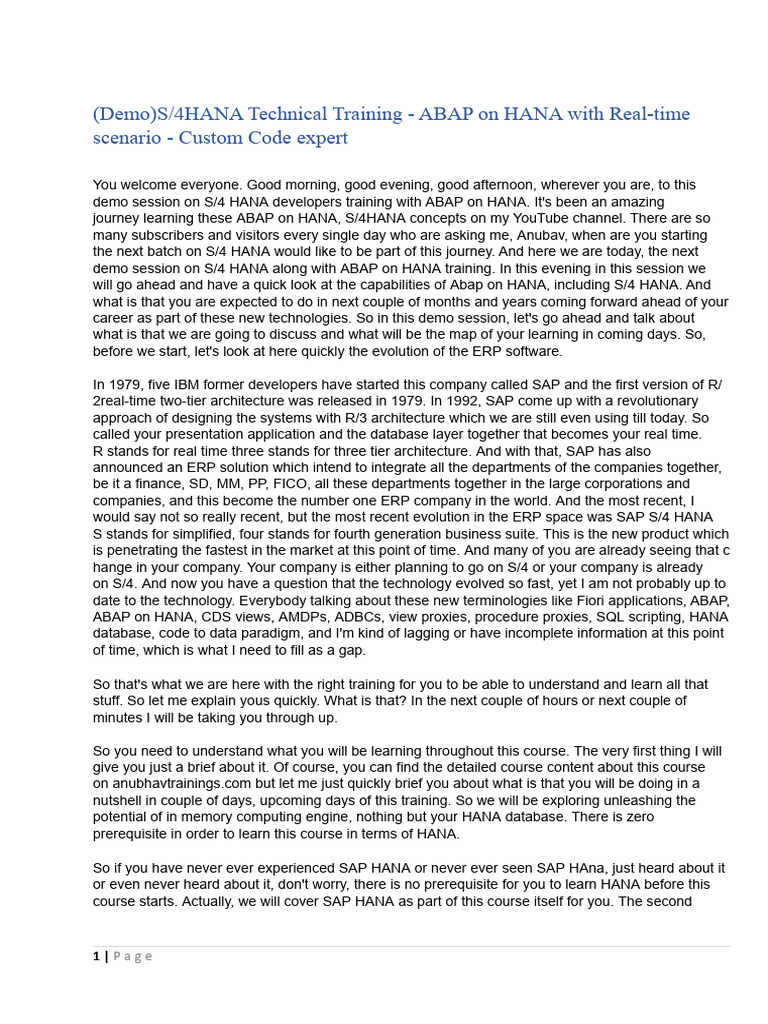 (Demo) S - 4HANA Technical Training - ABAP On HANA With Real-Time Scenario - Custom Code Expert ...