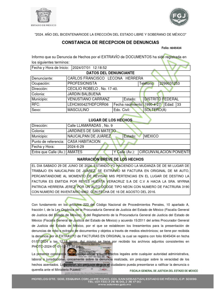 Constancia de Recepcion de Denuncia 6045434 | PDF | México | Gobierno